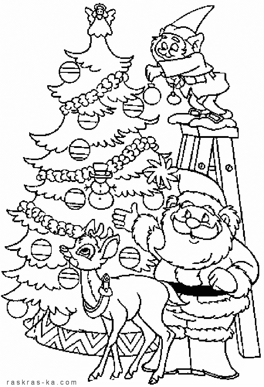 Раскраска - Новогодняя елка и Дед Мороз